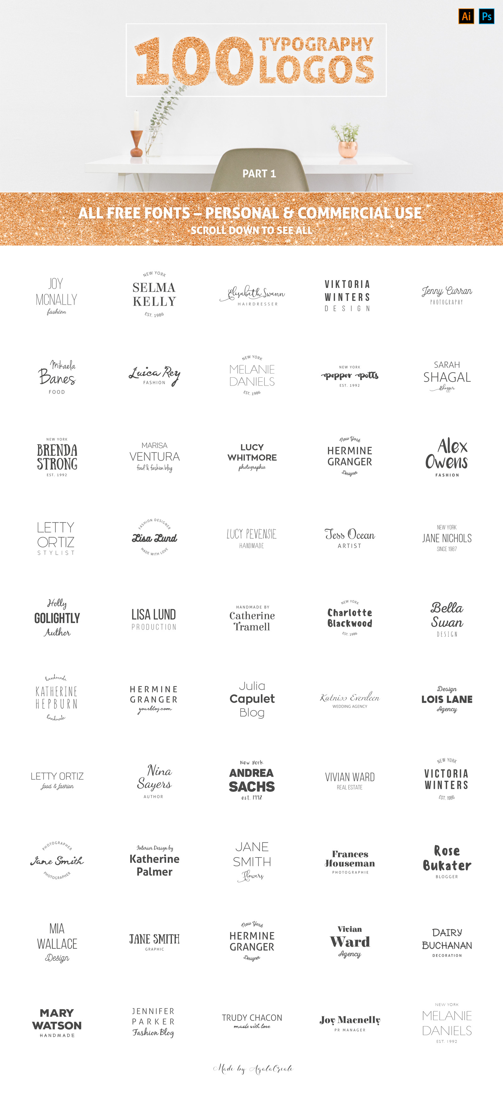 100 Typography Logos + 100 Frames Logo Template