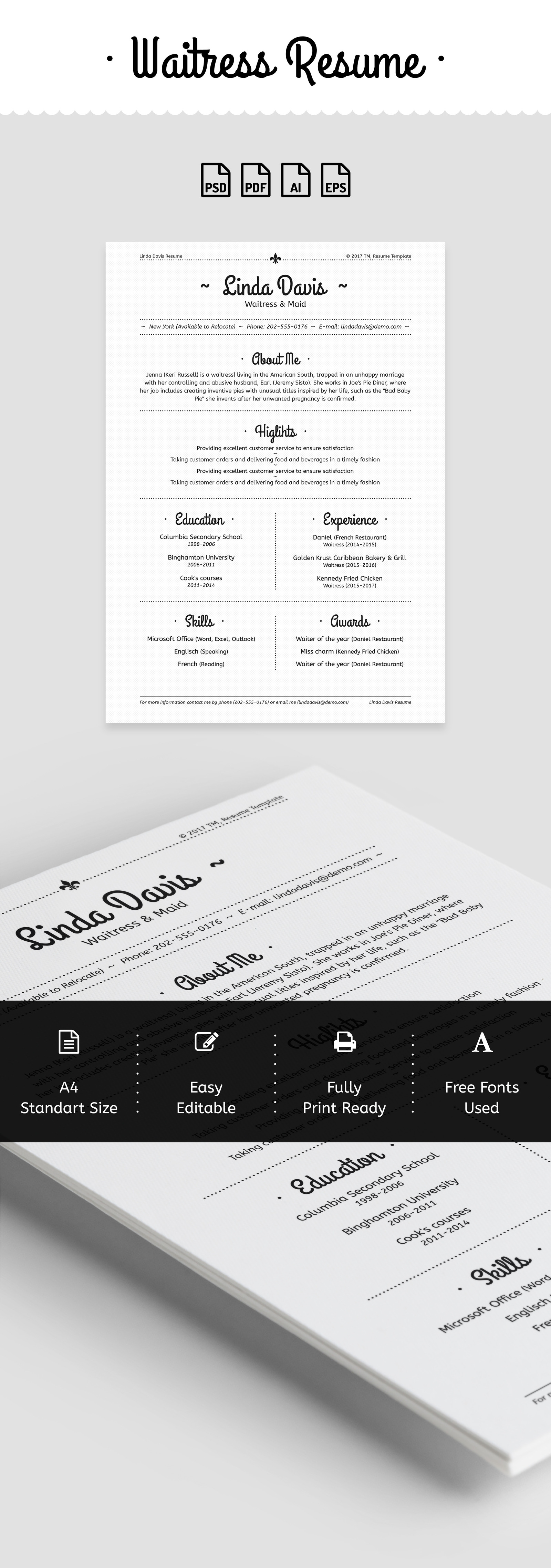 Linda Davis - Waitress & Maid Resume Template